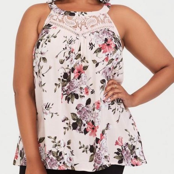 torrid | Tops | Torrid Challis Lace Trim Goddess Neck Tank Size Xl 14 Pink Floral Print | Poshmark